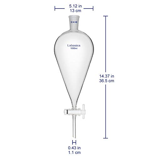 Labasics Borosilicate Glass 1000ml Conical Separatory Funnel with PTFE Stopcock, 1000mL