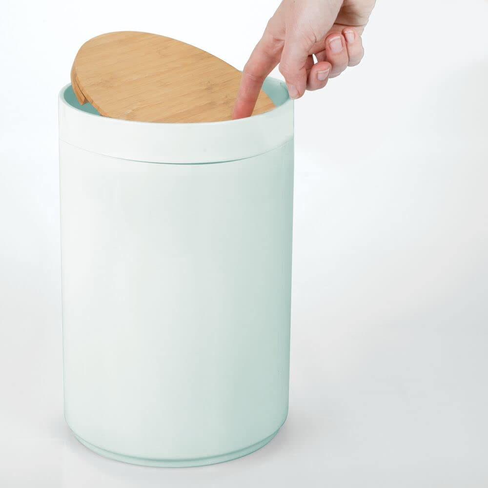 mDesign Plastic Round Trash Can Small Wastebasket - Garbage Bin Container with Swing-Close Lid - Bathroom Garbage Basket - Holds Waste, Recycling - 1.3 Gallon - Basa Collection - Mint Green/Natural