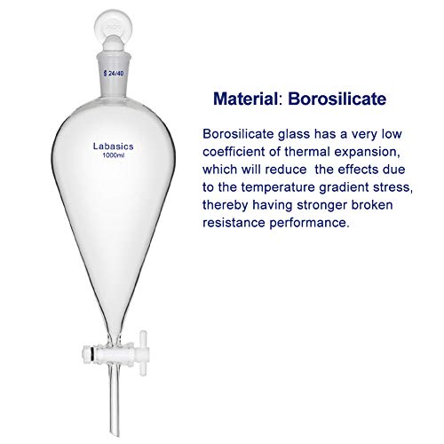 Labasics Borosilicate Glass 1000ml Conical Separatory Funnel with PTFE Stopcock, 1000mL