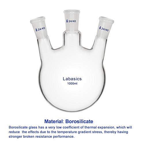 Labasics Glass 1000ml 3 Neck Round Bottom Flask RBF, with 24/40 Center and Side Standard Taper Outer Joint, 1000ml