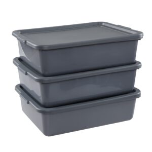 lesbin 3-pack 13 l plastic commercial tote box with lid, bus tubs/bus box, gray