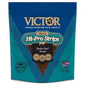 victor super premium dog treats – classic hi-pro strips dog treats – savory dog treats with real beef – tender beef dog treats for active and sporting dogs, 14 oz