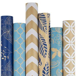 ruspepa kraft wrapping paper roll - multiple blue and white patterns great for congrats, holiday, chanukah and special occasion - 6 roll - 30 inches x 10 feet per roll