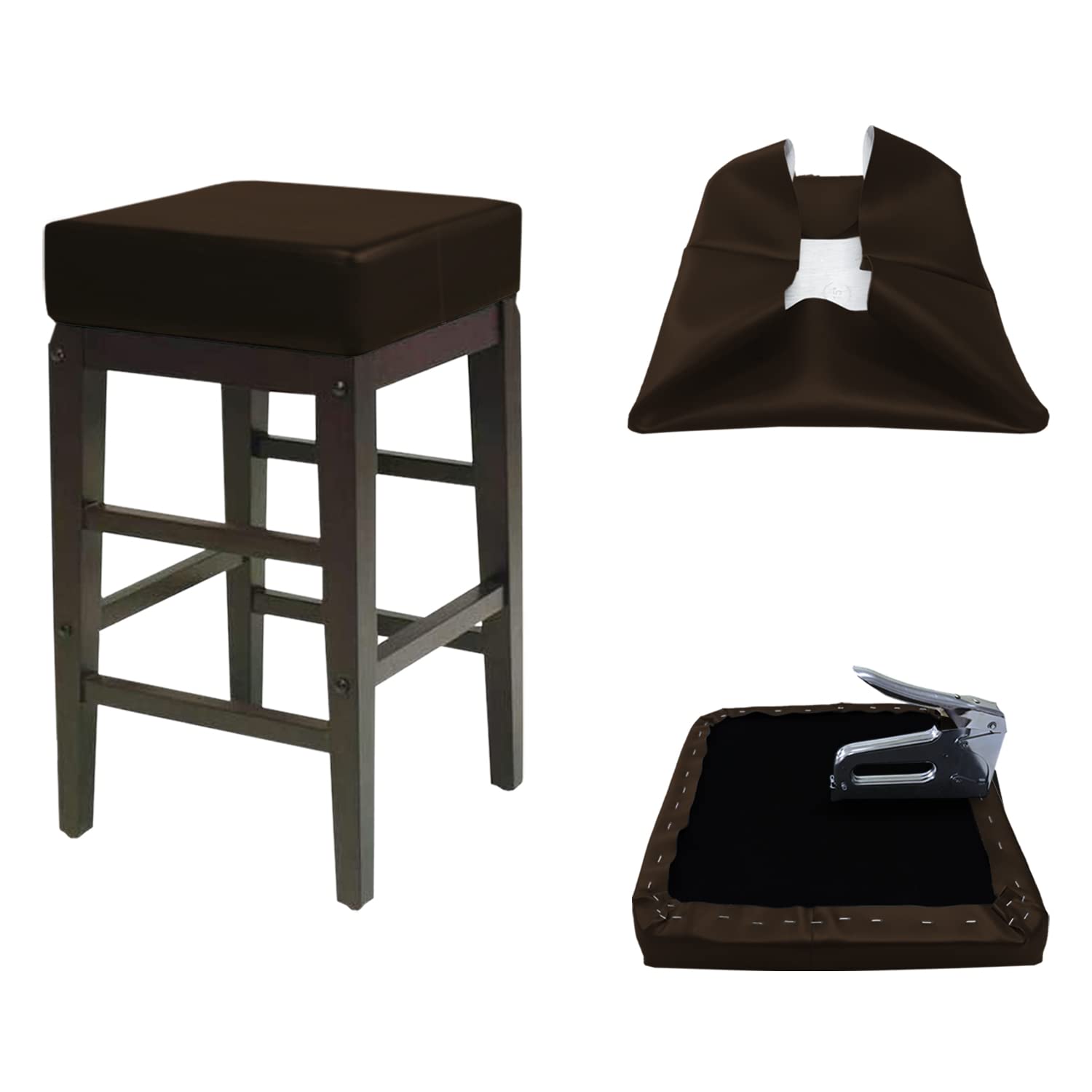 Bar Stool Covers Square Backless Heavy Duty Indoor/Outdoor Vinyl Only Replacement, Staple On Installation, Waterproof Stool Seat Covers - (15 x 15 inchs, Espresso)