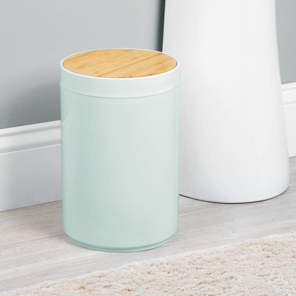 mDesign Plastic Round Trash Can Small Wastebasket - Garbage Bin Container with Swing-Close Lid - Bathroom Garbage Basket - Holds Waste, Recycling - 1.3 Gallon - Basa Collection - Mint Green/Natural