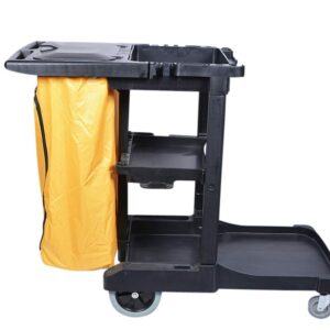 Restaurantware RW Clean 44.3 x 20.1 x 37.8 Cleaning Cart 1 Heavy-Duty Janitorial Cart - With 3 Shelves 20-Gallon Nylon Bag Plastic Housekeeping Cart Wheeled For Commercial Use