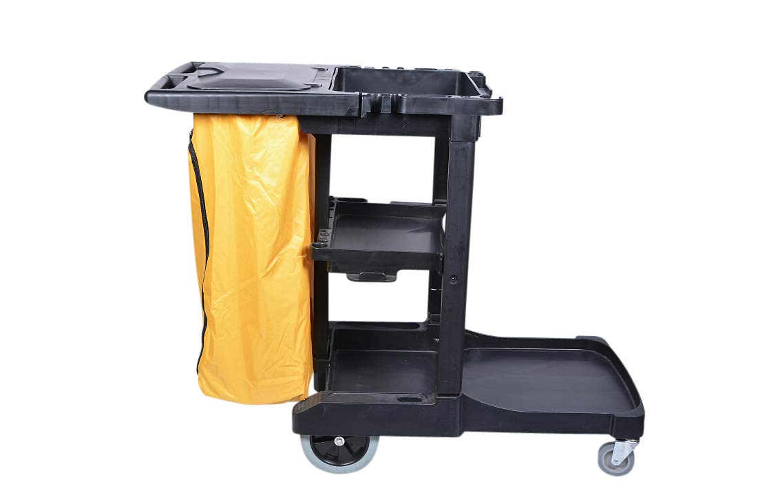 Restaurantware RW Clean 44.3 x 20.1 x 37.8 Cleaning Cart 1 Heavy-Duty Janitorial Cart - With 3 Shelves 20-Gallon Nylon Bag Plastic Housekeeping Cart Wheeled For Commercial Use