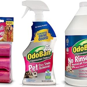 OdoBan Pet Solutions Oxy Stain Remover, 32 Ounce Spray, Neutral pH Floor Cleaner Concentrate, 1 Gallon, and 120 Dog Waste Pickup Bags