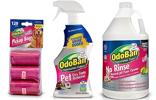 OdoBan Pet Solutions Oxy Stain Remover, 32 Ounce Spray, Neutral pH Floor Cleaner Concentrate, 1 Gallon, and 120 Dog Waste Pickup Bags