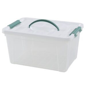 pekky 1 pack plastic small latch storage box, 14 quart clear lidded storage bin with green handle