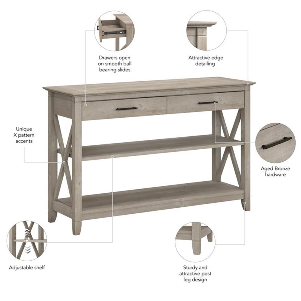 Bush Furniture Key West Console Table with Drawers and Shelves in Washed Gray