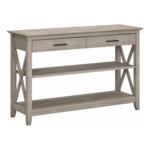 bush furniture key west console table with drawers and shelves in washed gray