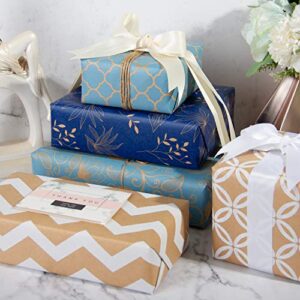 RUSPEPA Kraft Wrapping Paper Roll - Multiple Blue and White Patterns Great for Congrats, Holiday, Chanukah and Special Occasion - 6 Roll - 30 inches X 10 feet Per Roll