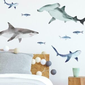 roommates rmk4311scs sharks peel and stick wall decals, blue, gray, white