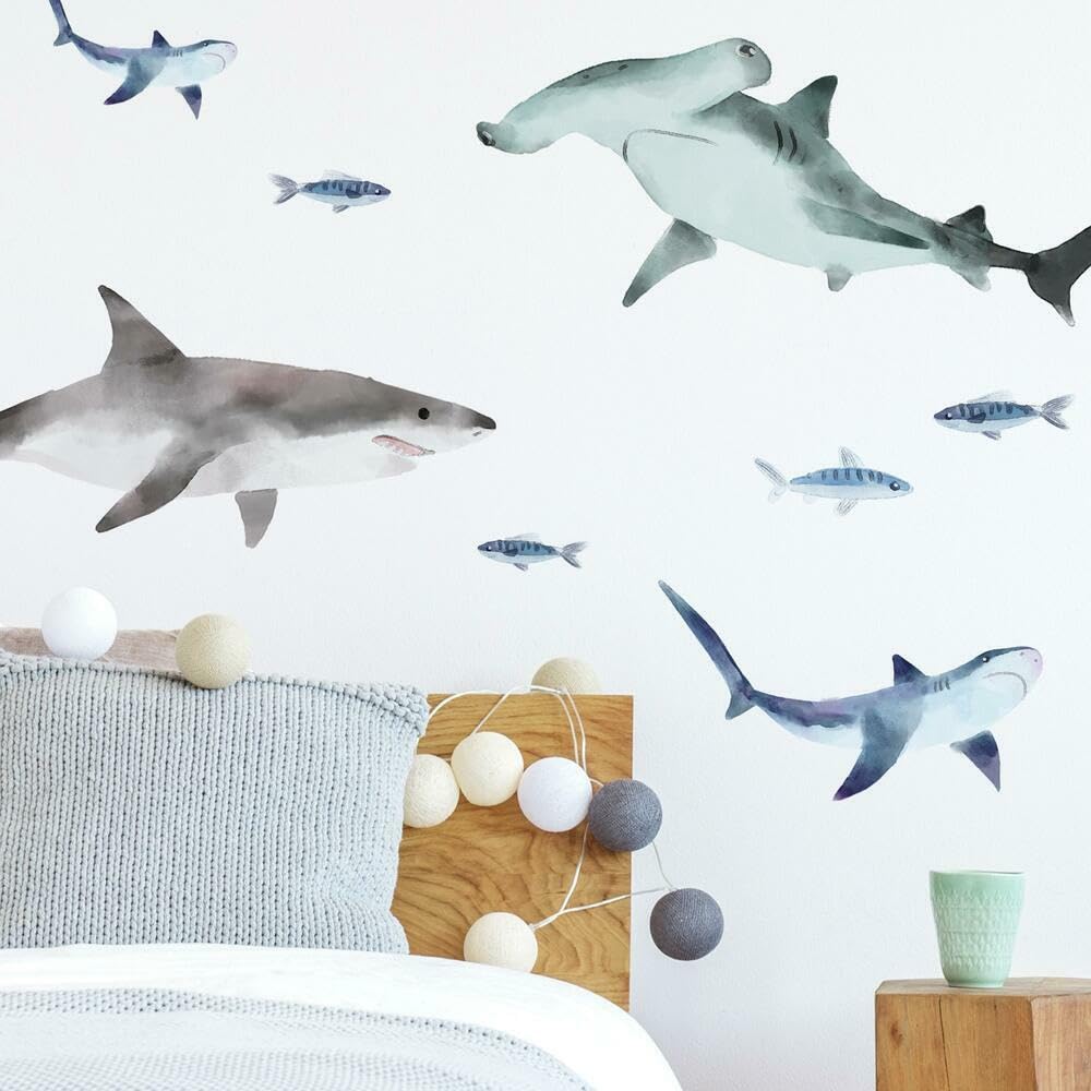 RoomMates RMK4311SCS Sharks Peel and Stick Wall Decals, Blue, Gray, White