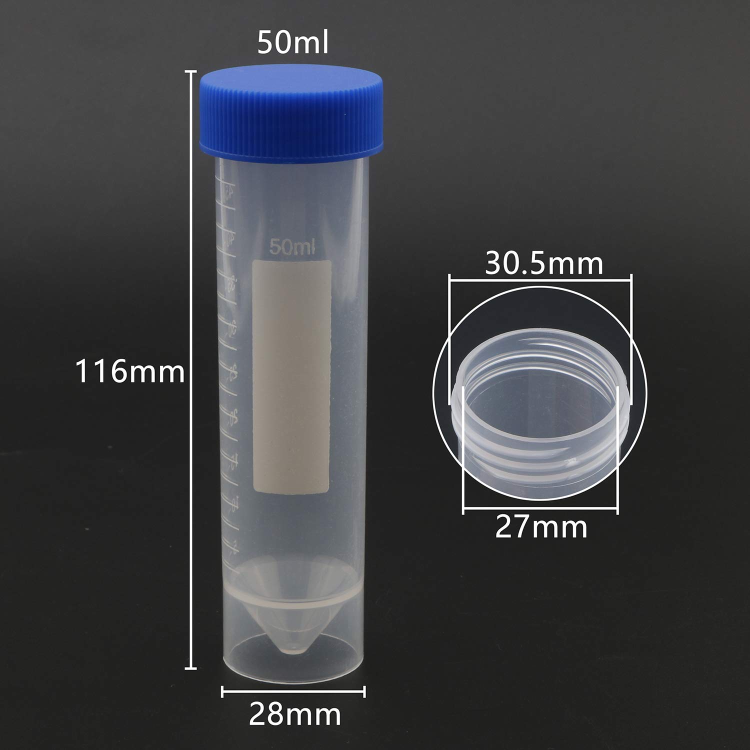 Kesell 50ml Polypropylene Screw Top Self Standing Base Centrifuge Tube with Graduated Marks and Writing Area, Pack of 10