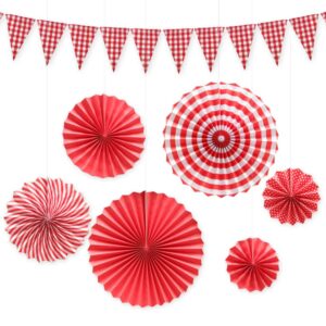 red and white checkered gingham pennant banner with hanging paper fans set for picnic bbq birthday wedding party decoration