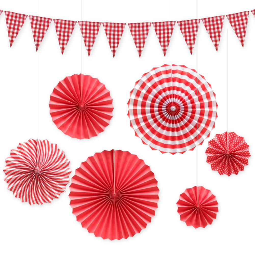 Red and White Checkered Gingham Pennant Banner with Hanging Paper Fans Set for Picnic BBQ Birthday Wedding Party Decoration