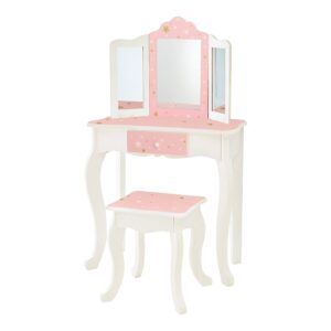 teamson kids princess gisele twinkle star print 2-piece kids wooden play vanity set with vanity table, tri-fold mirror, storage drawer, and matching stool, white with pink and gold star accent