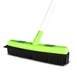 guay clean rubber push broom pet hair fur removal soft bristle sweeper for carpet and floor, squeegee and grommet for pads and towels -telescopic pole up to 50 inches - green