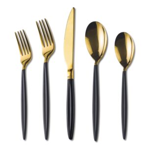 20 piece black gold flatware set, stainless steel silverware set, titanium gold spoon and spray paint handle cutlery set, service set for 4 (matt black with shiny gold)