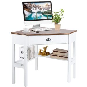 tangkula corner desk, corner computer desk with drawer for small space, small corner makeup vanity desk, 90 degrees triangle corner desk with storage shelves (natural & white)