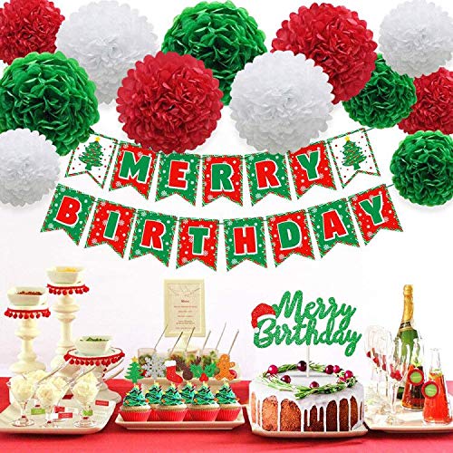 Red Green White Paper Pom Poms, Party Decoration Kit 21pcs of 8,10,12 inch Tissue Flowers for Christmas Graduation Birthday Fiesta Celebration Events