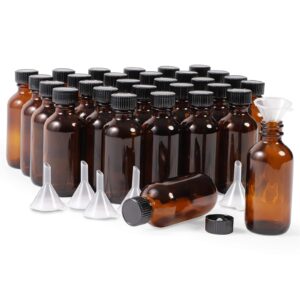 juvale 30-pack 2 oz amber glass bottles with black poly cone caps and 6 funnels - small boston round bottle for homemade vanilla extract, essential oils, perfumes, liquids