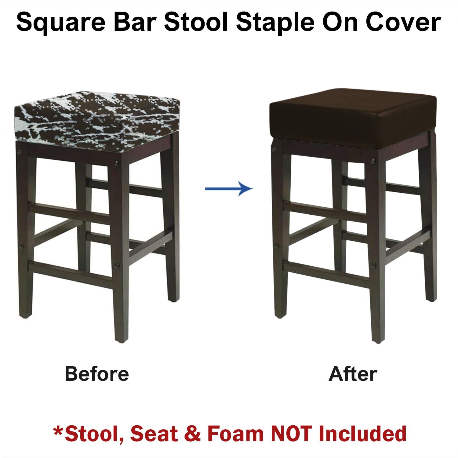 Bar Stool Covers Square Backless Heavy Duty Indoor/Outdoor Vinyl Only Replacement, Staple On Installation, Waterproof Stool Seat Covers - (15 x 15 inchs, Espresso)