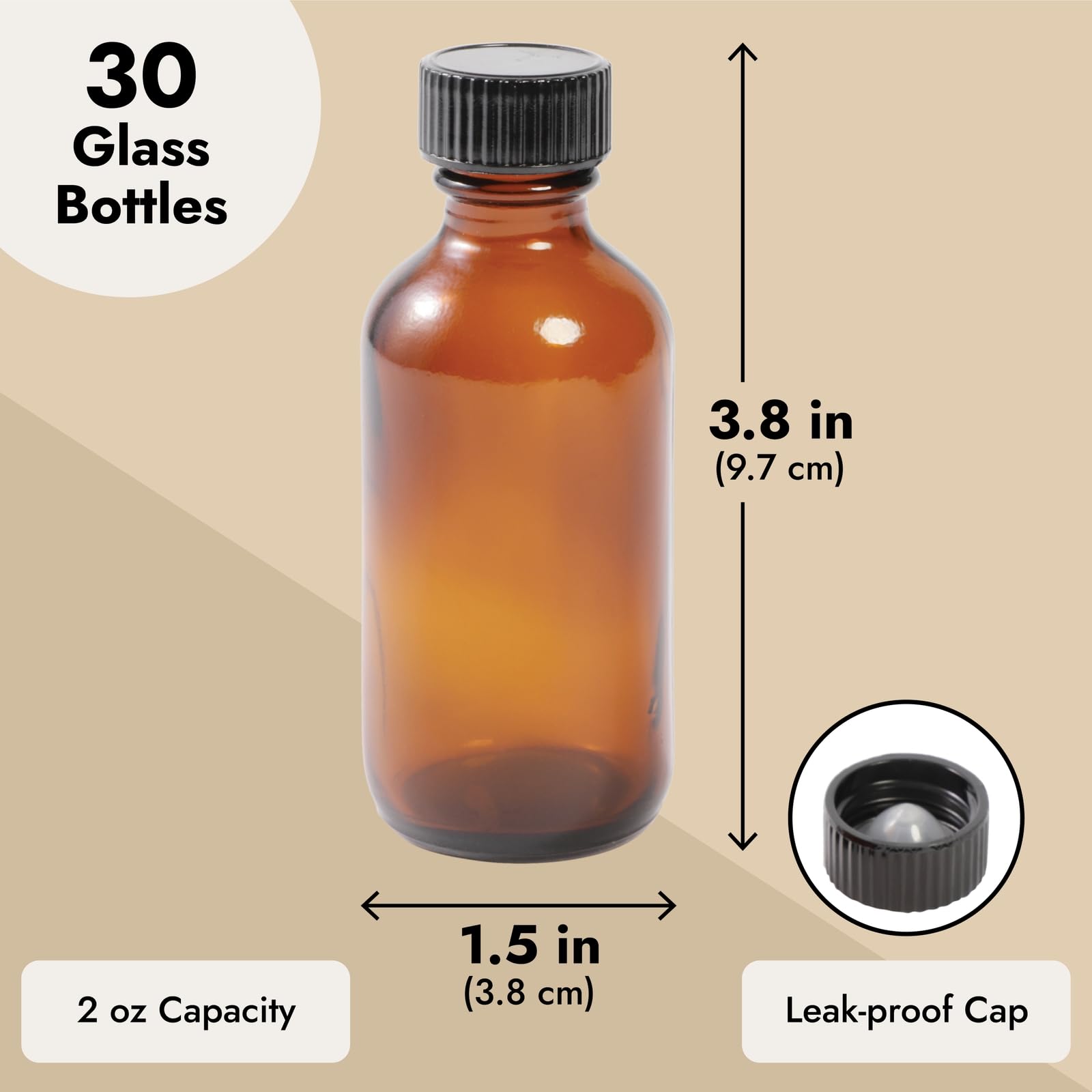 Juvale 30-Pack 2 oz Amber Glass Bottles with Black Poly Cone Caps and 6 Funnels - Small Boston Round Bottle for Homemade Vanilla Extract, Essential Oils, Perfumes, Liquids