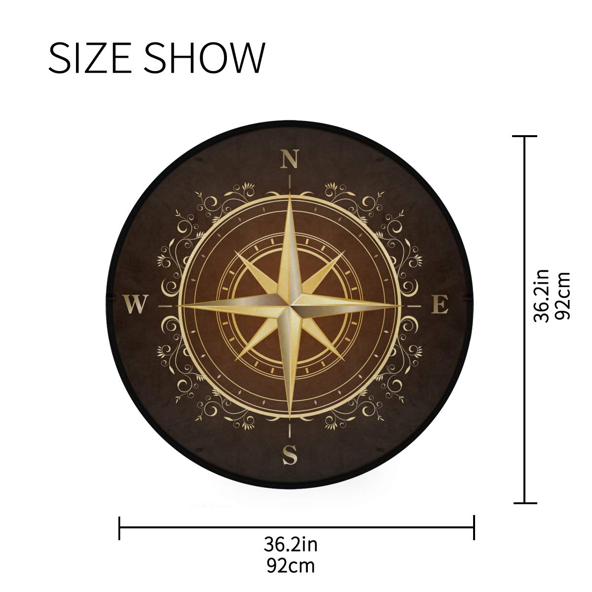 ZZAEO Gold Compass Rose Ornate Round Area Rug Soft Comfort Floor Mat Carpet with Anti-Slip Backing for Home Bedroom Decor - 3 Feet Diameter (92 cm)