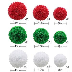 Red Green White Paper Pom Poms, Party Decoration Kit 21pcs of 8,10,12 inch Tissue Flowers for Christmas Graduation Birthday Fiesta Celebration Events