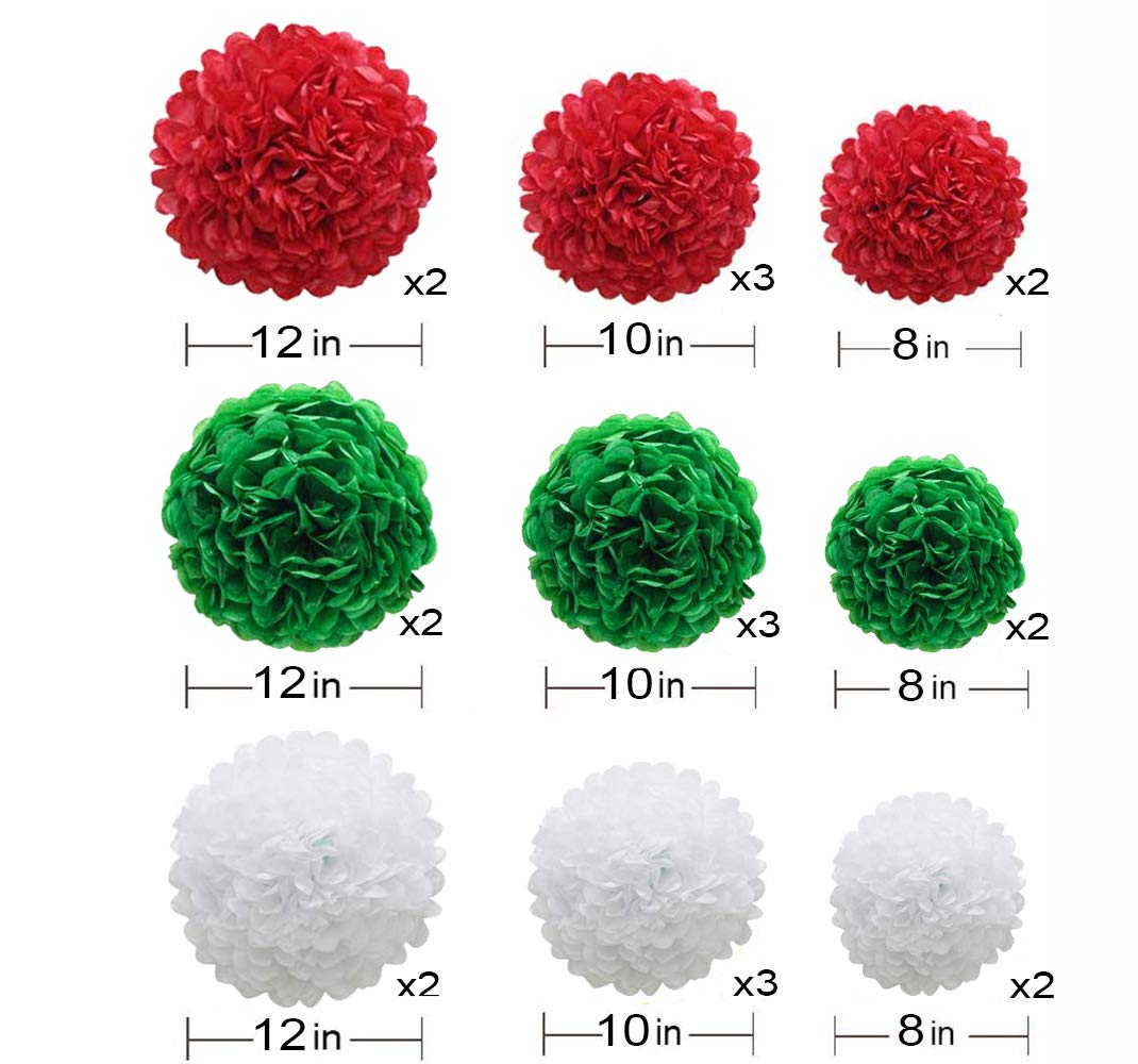 Red Green White Paper Pom Poms, Party Decoration Kit 21pcs of 8,10,12 inch Tissue Flowers for Christmas Graduation Birthday Fiesta Celebration Events