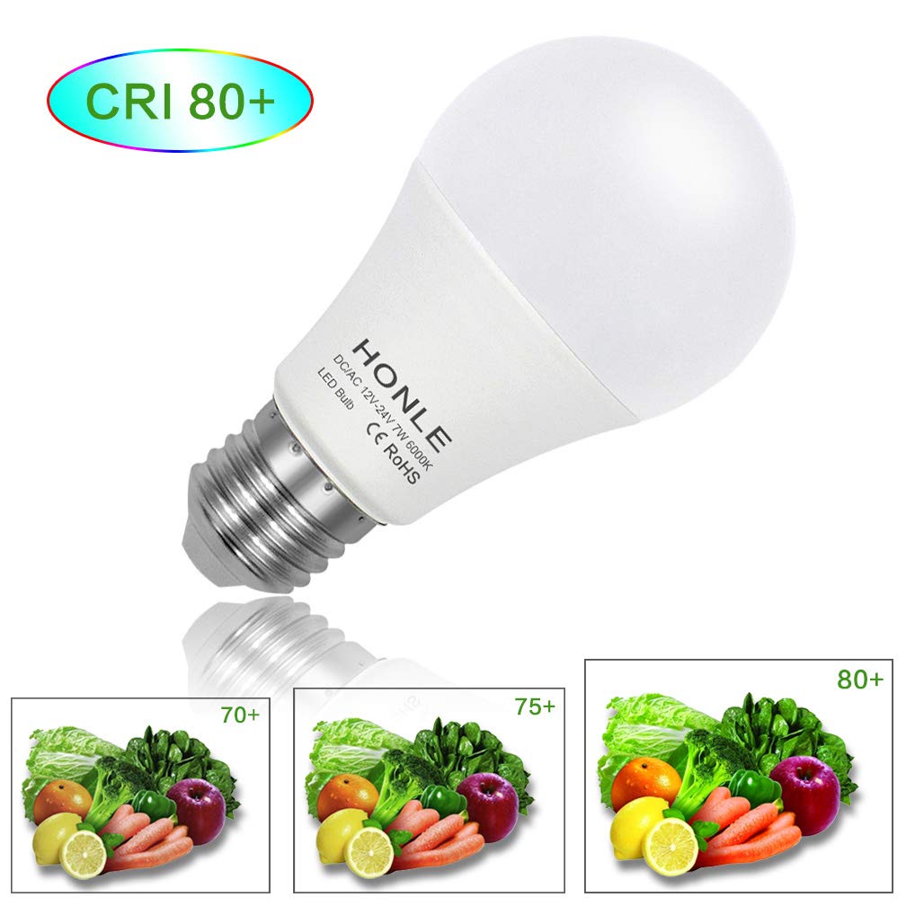 E26 E27 LED Light Bulbs 12V 24V Low Voltage 7W Daylight White 6000k Standard Edison Base 60w Halogen Bulb Equivalent A19 for Rv, Off Grid Solar Panel Project Lighting, Boat, Garden Landscape Pack of 2