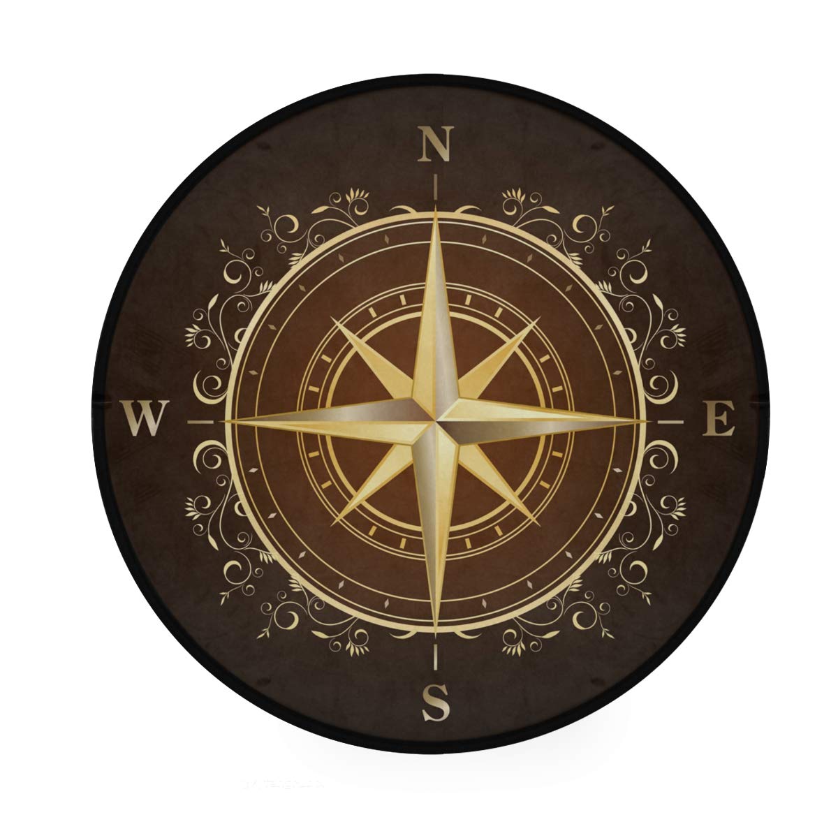 ZZAEO Gold Compass Rose Ornate Round Area Rug Soft Comfort Floor Mat Carpet with Anti-Slip Backing for Home Bedroom Decor - 3 Feet Diameter (92 cm)