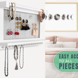 Comfify Rustic Jewelry Organizer - Wall Mounted Jewelry Holder w/Removable Bracelet Rod, Shelf & 16 Hooks - Perfect Earrings, Necklaces & Bracelets Holder - Pure White