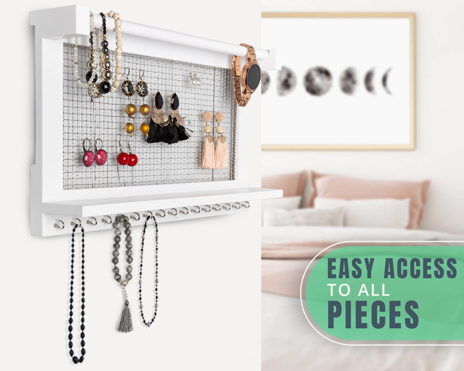 Comfify Rustic Jewelry Organizer - Wall Mounted Jewelry Holder w/Removable Bracelet Rod, Shelf & 16 Hooks - Perfect Earrings, Necklaces & Bracelets Holder - Pure White