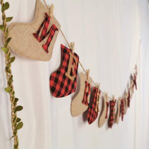 merry christmas banner - burlap sock shaped christmas decoration, unique hand-sewn christmas decor, great firepalce decoration for christmas