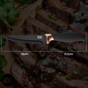 Taylors Eye Witness Steak Knives Set of 4 - Brooklyn Serrated black ceramic-coated blade with copper-plated bolster. Corrosion-Free, Easy Clean Ceramic Coating. Soft Grip Handle. 2 Year Guarantee