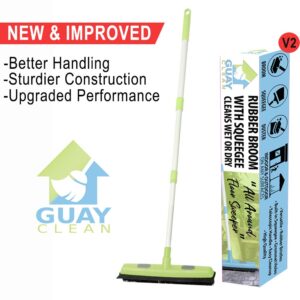 Guay Clean Rubber Push Broom Pet Hair Fur Removal Soft Bristle Sweeper for Carpet and Floor, Squeegee and Grommet for Pads and Towels -Telescopic Pole up to 50 Inches - Green