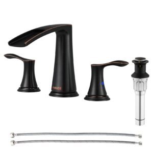 parlos waterfall widespread bathroom faucet double handles with metal pop up drain & cupc faucet supply lines, oil rubbed bronze, demeter 1431803