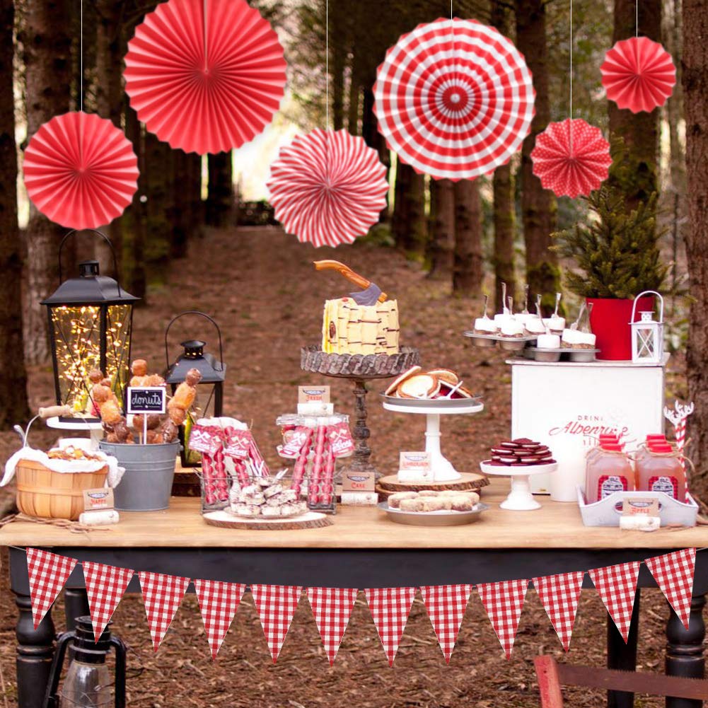 Red and White Checkered Gingham Pennant Banner with Hanging Paper Fans Set for Picnic BBQ Birthday Wedding Party Decoration