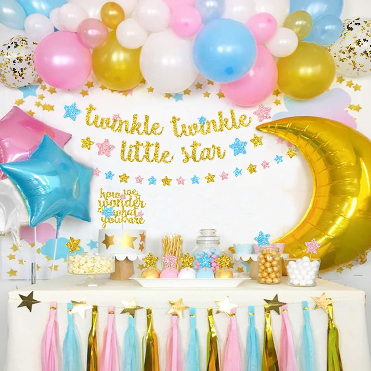 Twinkle Twinkle Little Star Party Decor Gender Reveal Birthday Party Decorations Pinkk Blue Gold Star Banner Cake Topper Balloons Moon and Star Boy or Girl He or She Baby Shower Supplies