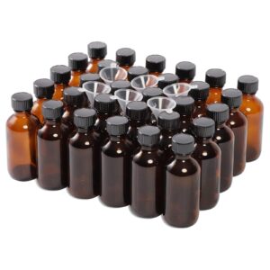 Juvale 30-Pack 2 oz Amber Glass Bottles with Black Poly Cone Caps and 6 Funnels - Small Boston Round Bottle for Homemade Vanilla Extract, Essential Oils, Perfumes, Liquids