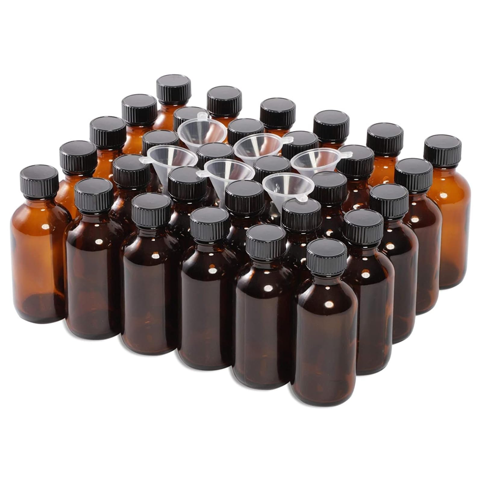 Juvale 30-Pack 2 oz Amber Glass Bottles with Black Poly Cone Caps and 6 Funnels - Small Boston Round Bottle for Homemade Vanilla Extract, Essential Oils, Perfumes, Liquids