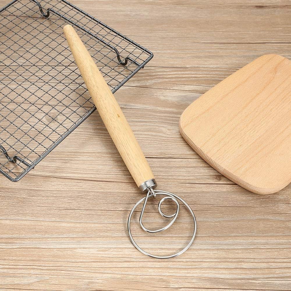 AGRUS Danish Dough Whisk - Bread Making Tools - Danish Dough Hook - Bread Dough Mixer Hand - Bread Dough Whisk for Pastry - Large Stainless Steel Swedish Whisk with Wooden Handle