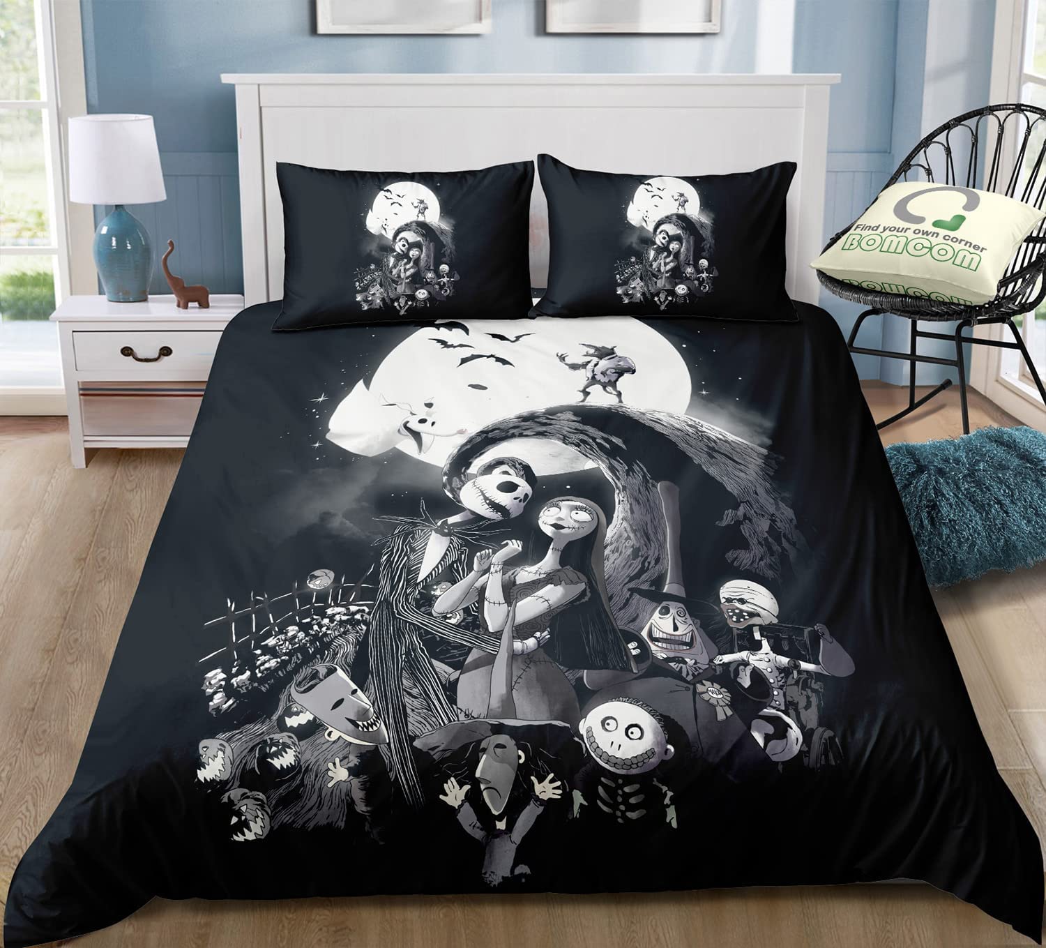 Felu Bedding Duvet Cover Set of Kids, The Nightmare Before Christmas Pattern Comforter Cover Set with 1 Duvet Cover and 2 Pillowcases (Queen Size)