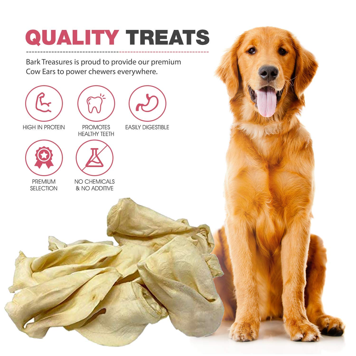 Bark Treasures - Cow Ears Dog Treats (15 Pack) - Whole Thick Cow Ear Dog Chews - Safe Rawhide Alternative - Cow Ears for Dogs