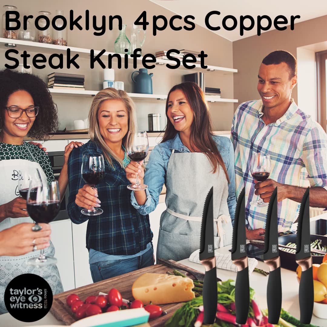 Taylors Eye Witness Steak Knives Set of 4 - Brooklyn Serrated black ceramic-coated blade with copper-plated bolster. Corrosion-Free, Easy Clean Ceramic Coating. Soft Grip Handle. 2 Year Guarantee