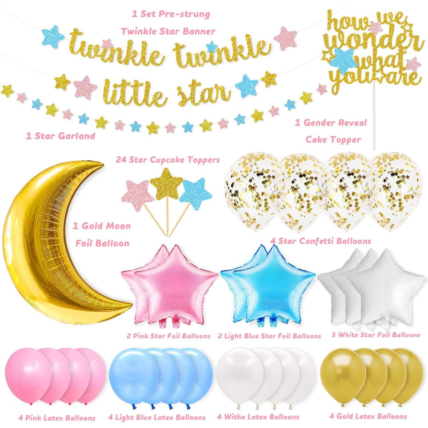 Twinkle Twinkle Little Star Party Decor Gender Reveal Birthday Party Decorations Pinkk Blue Gold Star Banner Cake Topper Balloons Moon and Star Boy or Girl He or She Baby Shower Supplies